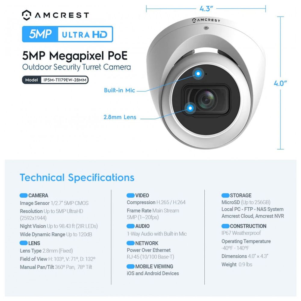 Câmera de Segurança Amcrest 5MP Ultra HD com Microfone Embutido e Lente ...