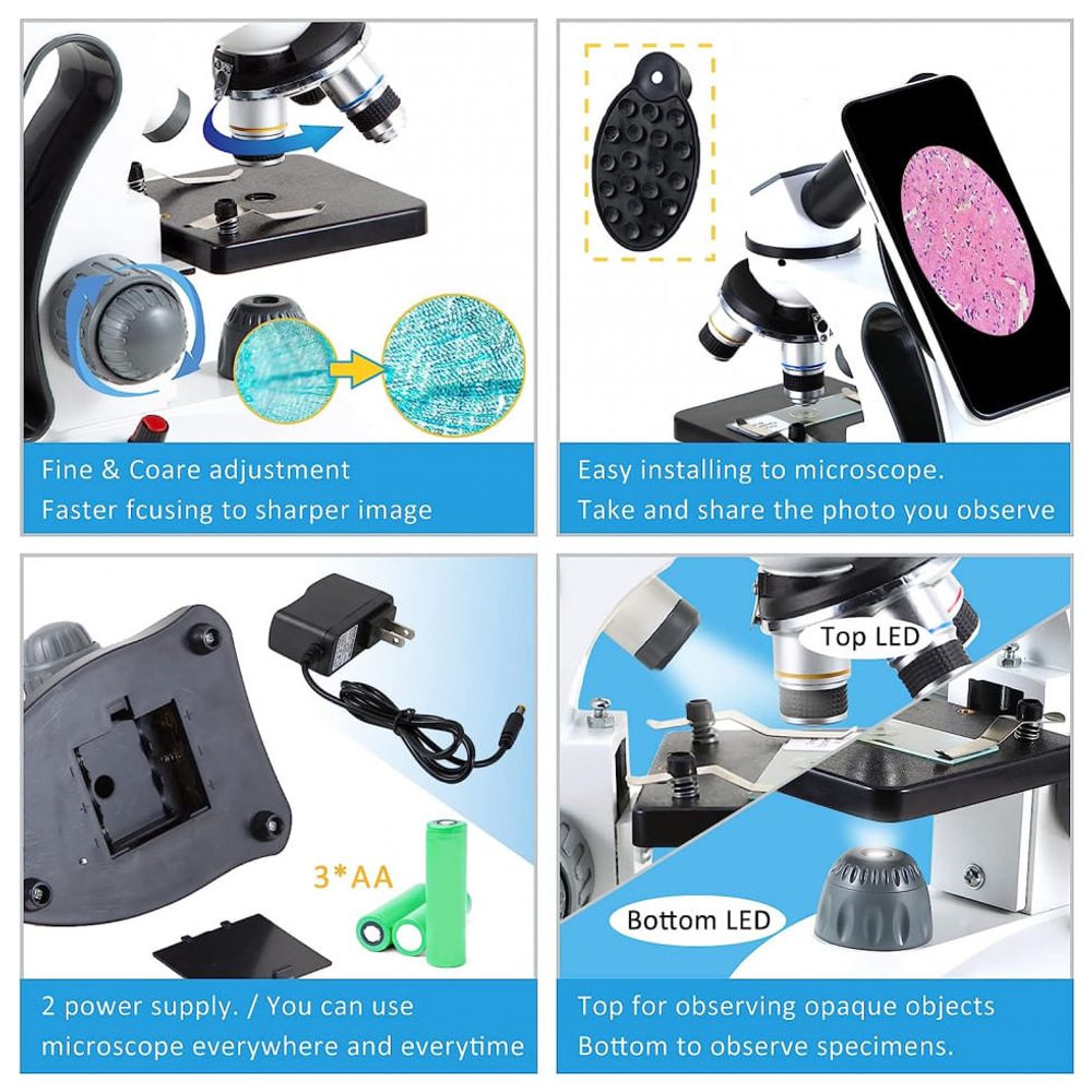 Microscópios Monocular 40X 2000X para Crianças Estudantes e Adultos com ...